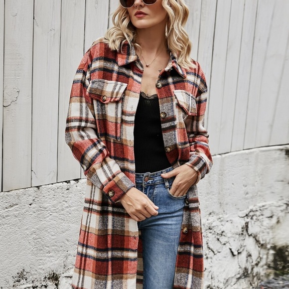 BellanBlue | Tops | Comfy Red Tan Plaid Buttonup Oversized Jacket ...